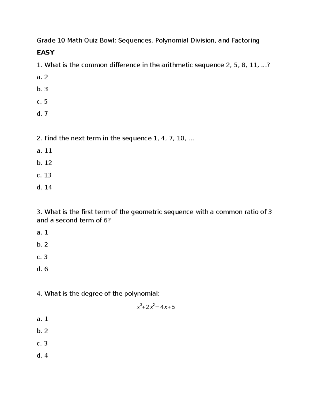 Grade 10 Math Quiz Bowl: Sequences, Polynomials & Factoring - Studocu