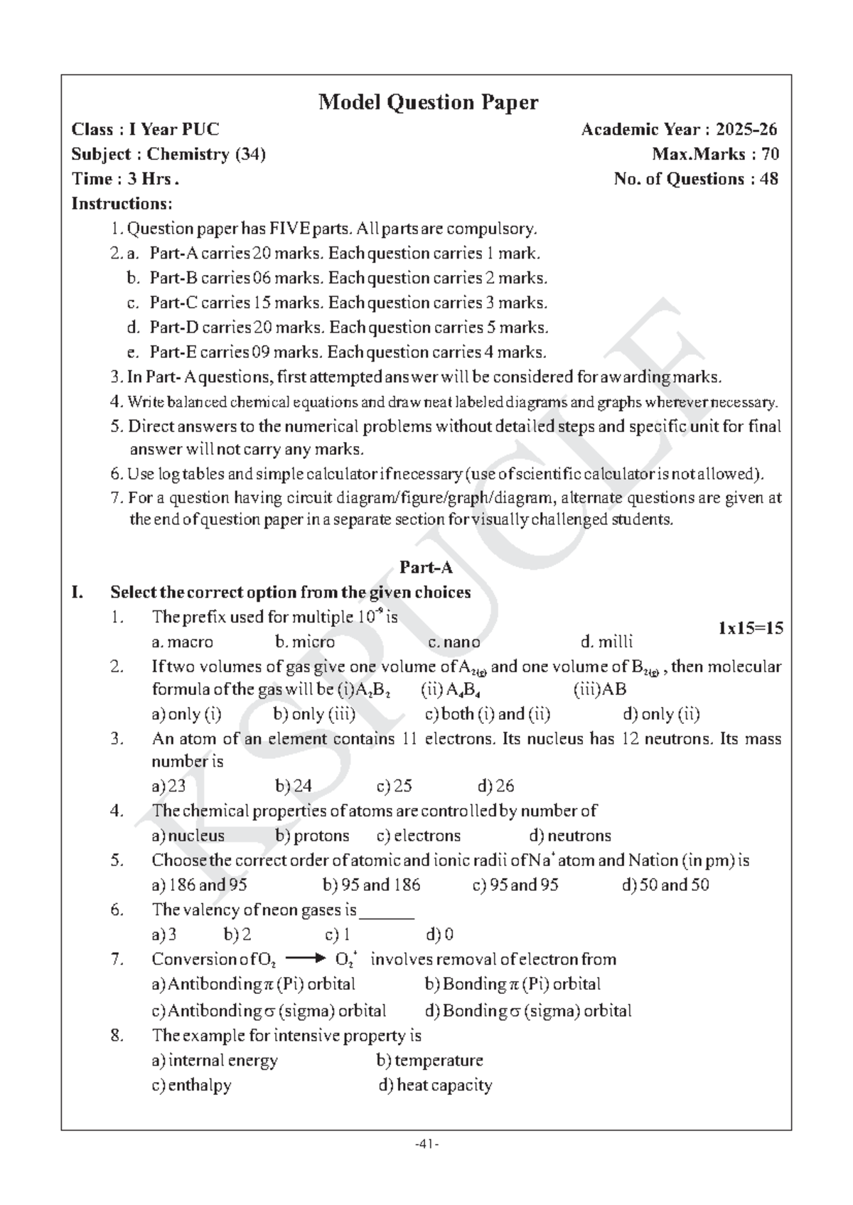 I PUC - Chemistry Model Question Paper 2025-2026 - Studocu