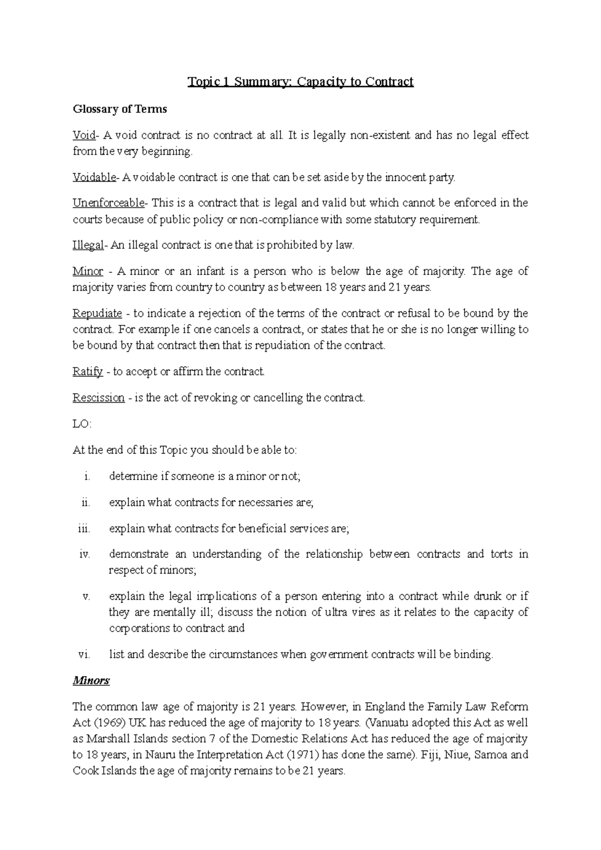 Contract Law 2: Summary of Capacity to Contract (Topic 1) - Studocu