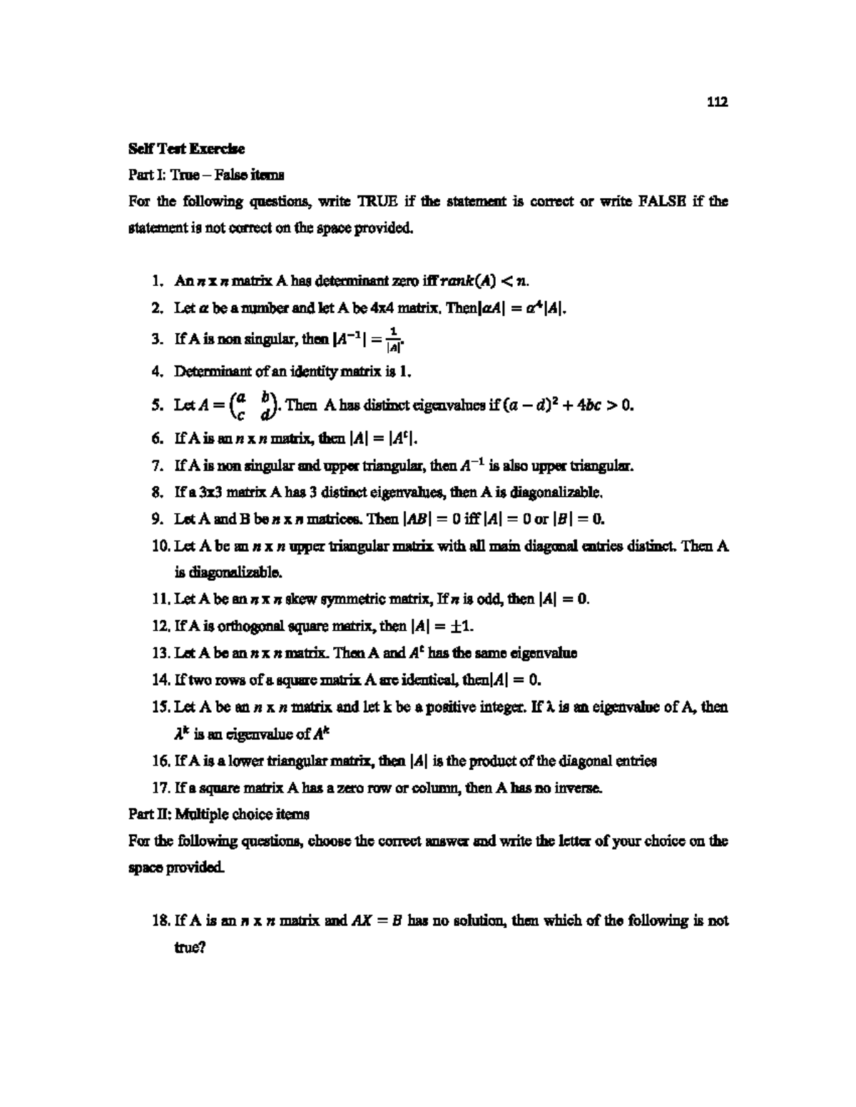 Unit 4 Worksheet (Det) - Self Test Exercises for Linear Algebra - Studocu