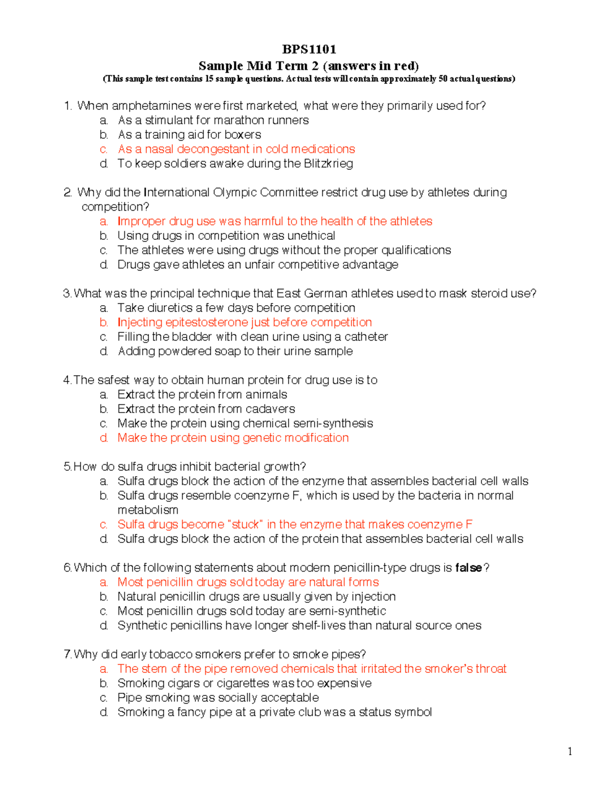 BPS1101 Sample Midterm 2 with Answer Key (15 Questions) - Studocu