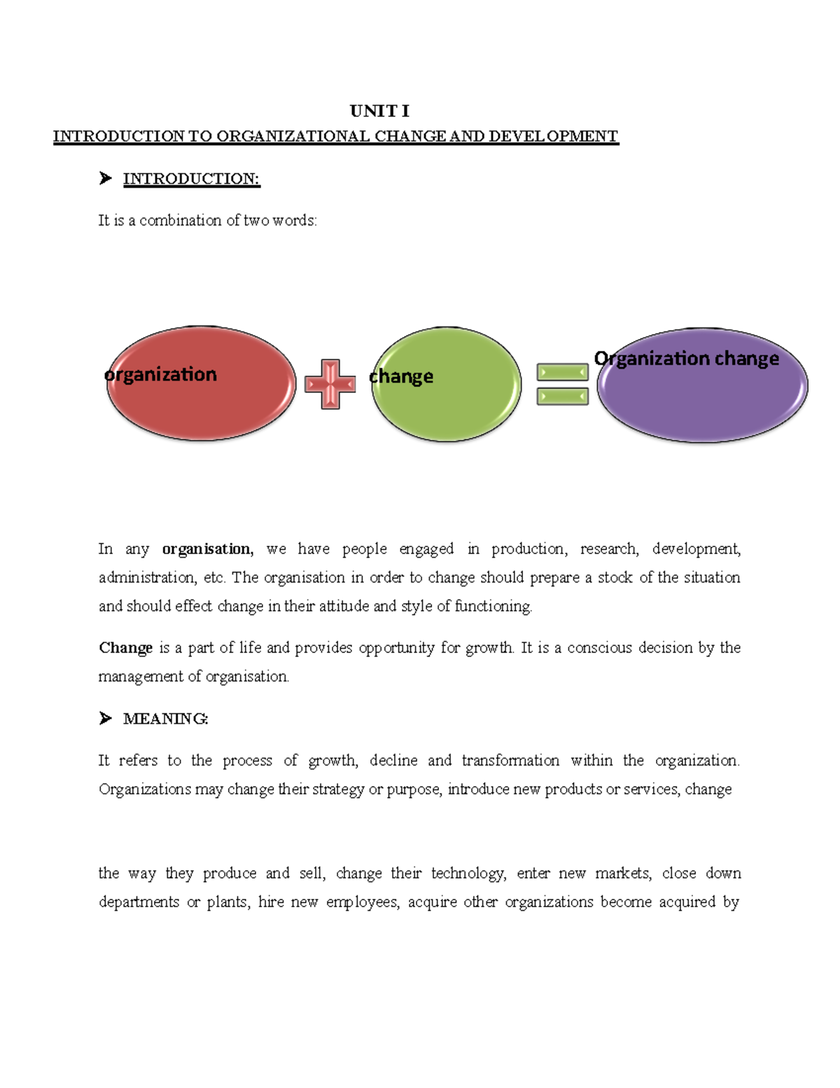 UNIT I: Introduction to Organizational Change and Development - Studocu