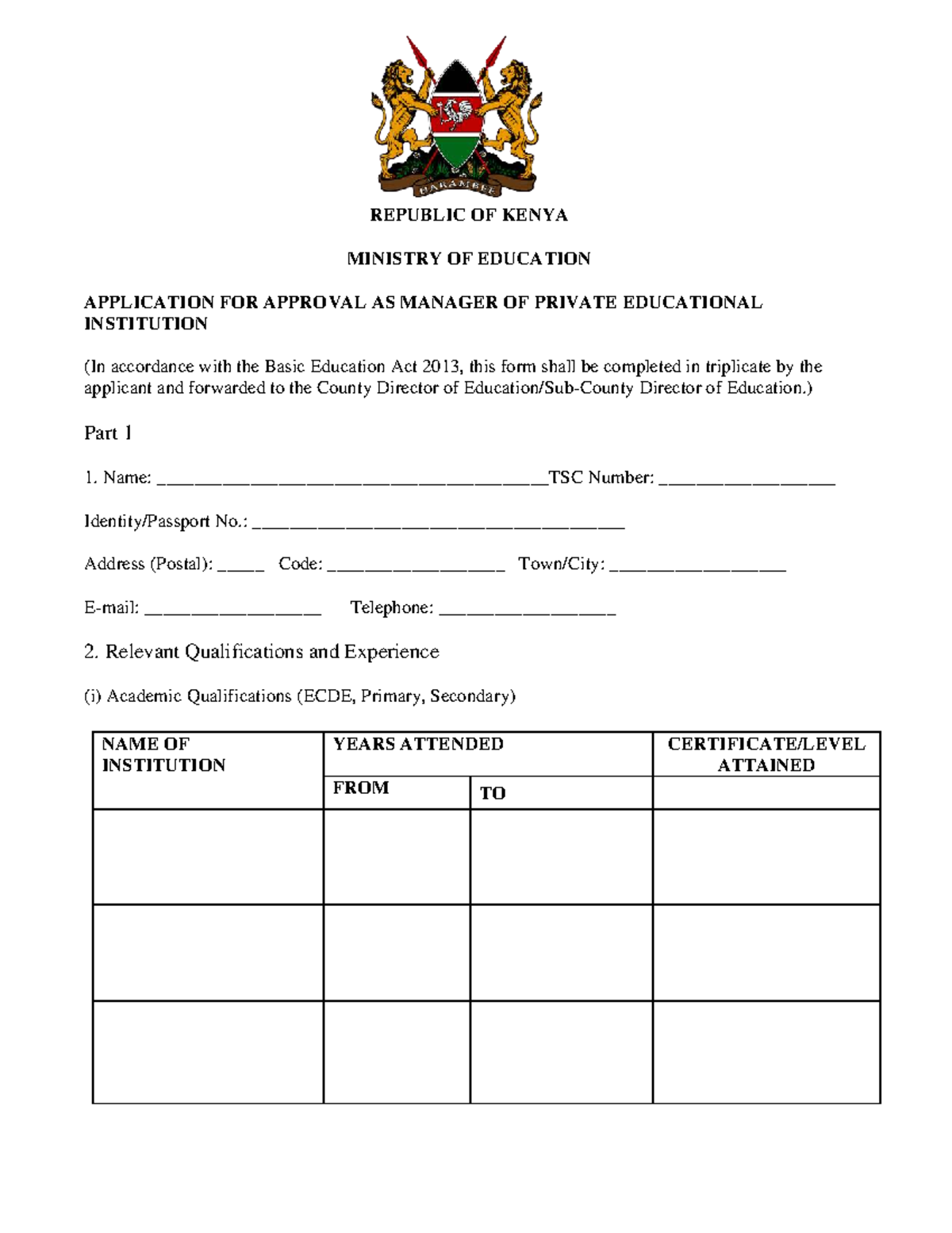 Ministry of Education Application for Manager Approval - Kenya - Studocu