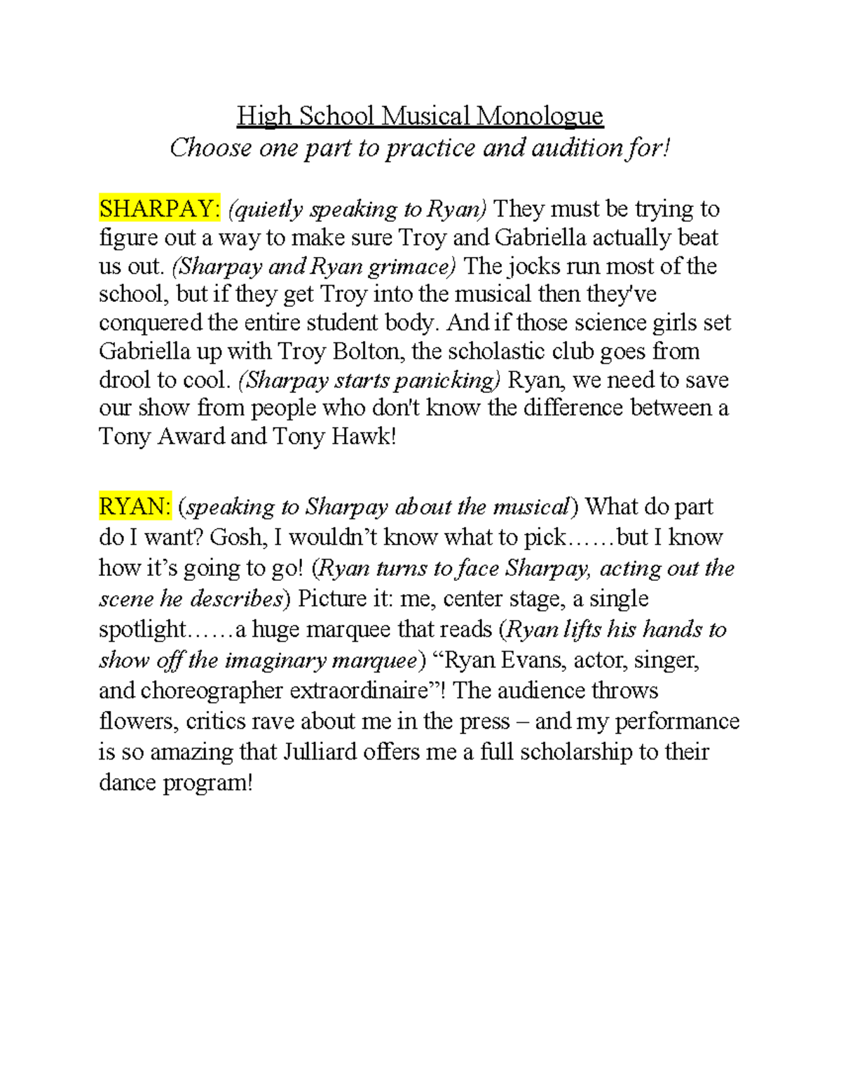 High School Musical Monologue Practice for Audition - Studocu