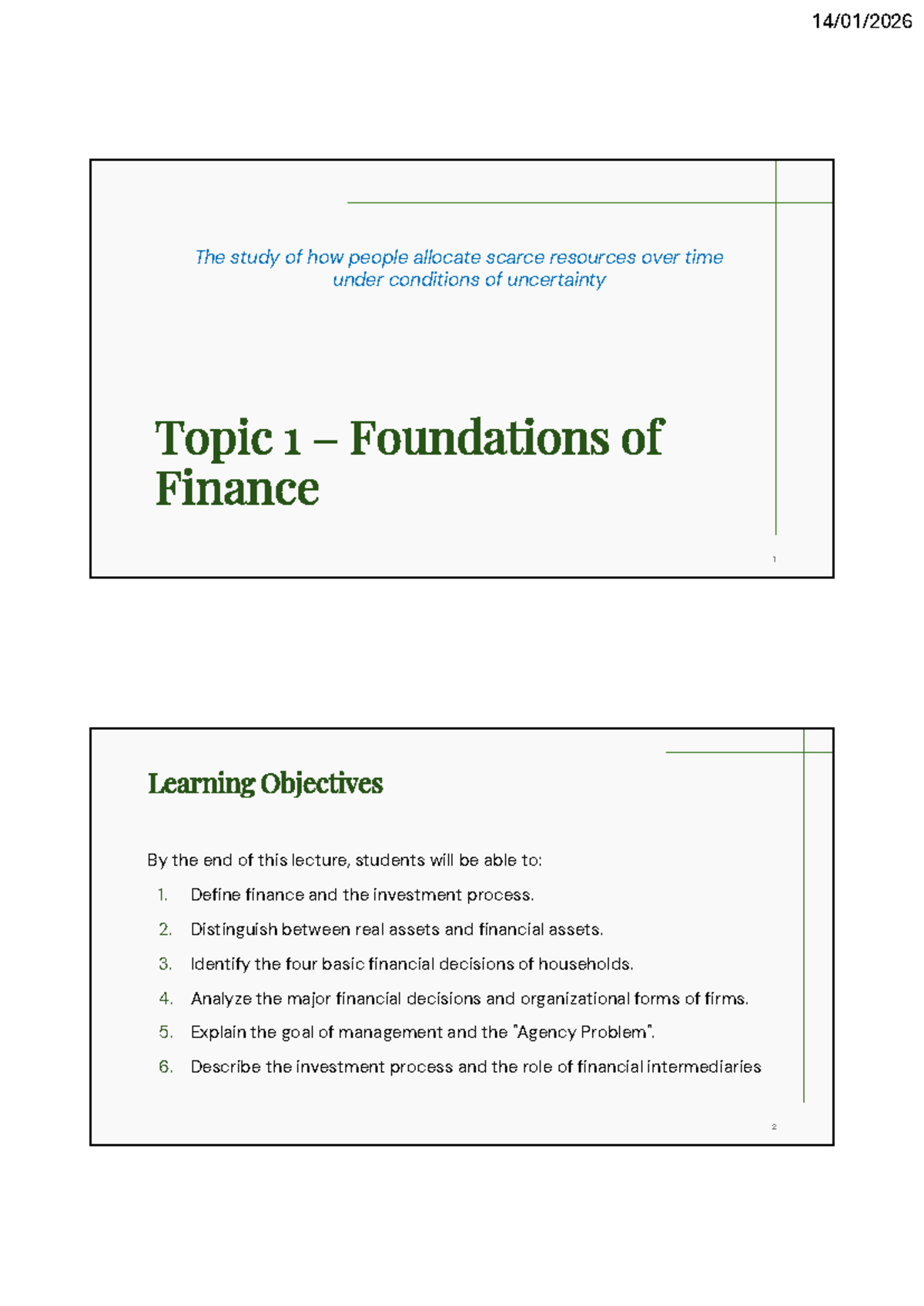 Topic 1: Foundations of Finance - Resource Allocation & Decision Making ...
