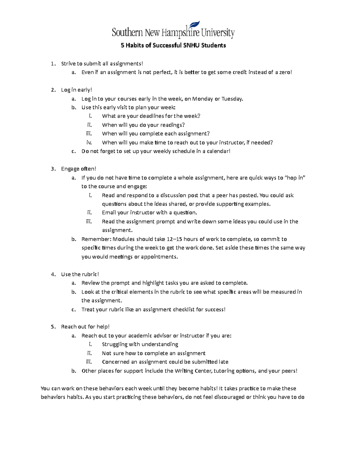5 Key Habits for Success in SNHU Courses: A Student Guide - Studocu