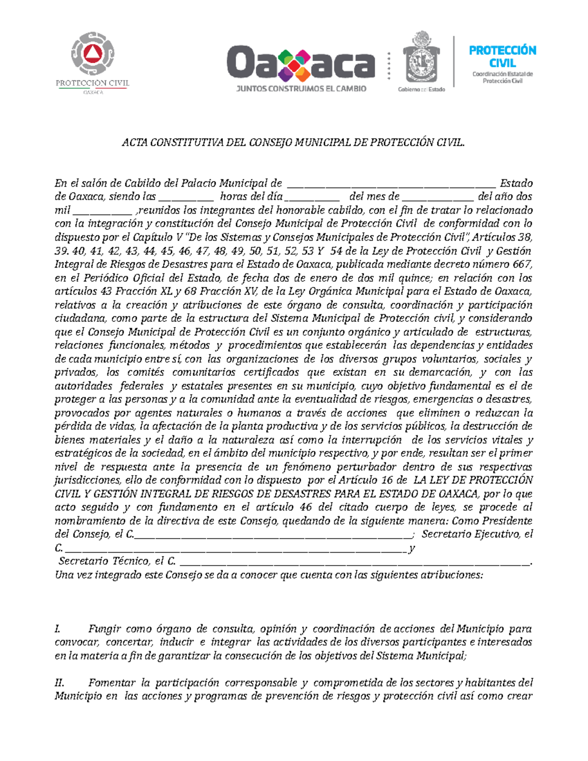 2018 formato Acta Constitutiva - ACTA CONSTITUTIVA DEL CONSEJO MUNICIPAL DE PROTECCIÓN CIVIL. En ...