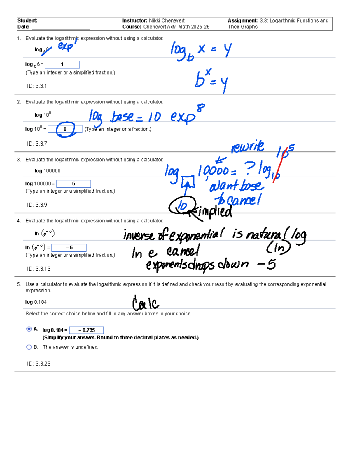 3.3 Logarithmic Functions & Graphs - Assignment by Nikki Chenevert ...
