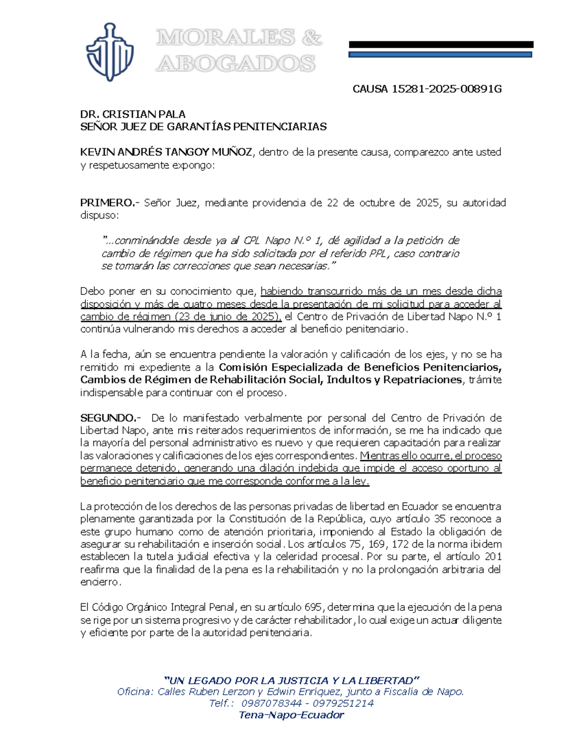 Escrito sobre Retraso en el CPL Napo y Vulneración de Derechos - Studocu