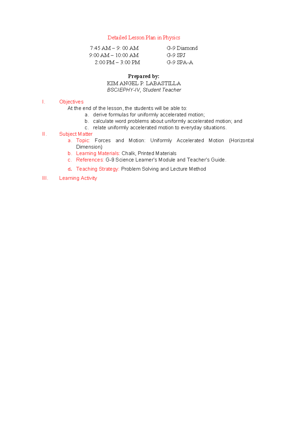 Detailed Lesson Plan: Forces & Motion in Physics 7 - Studocu