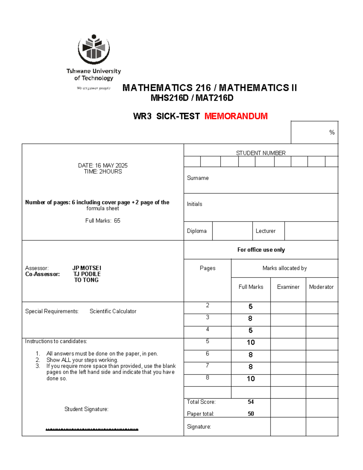 MAT216D MHS216D SICK TEST WR3 MEMO 2025 - Studocu