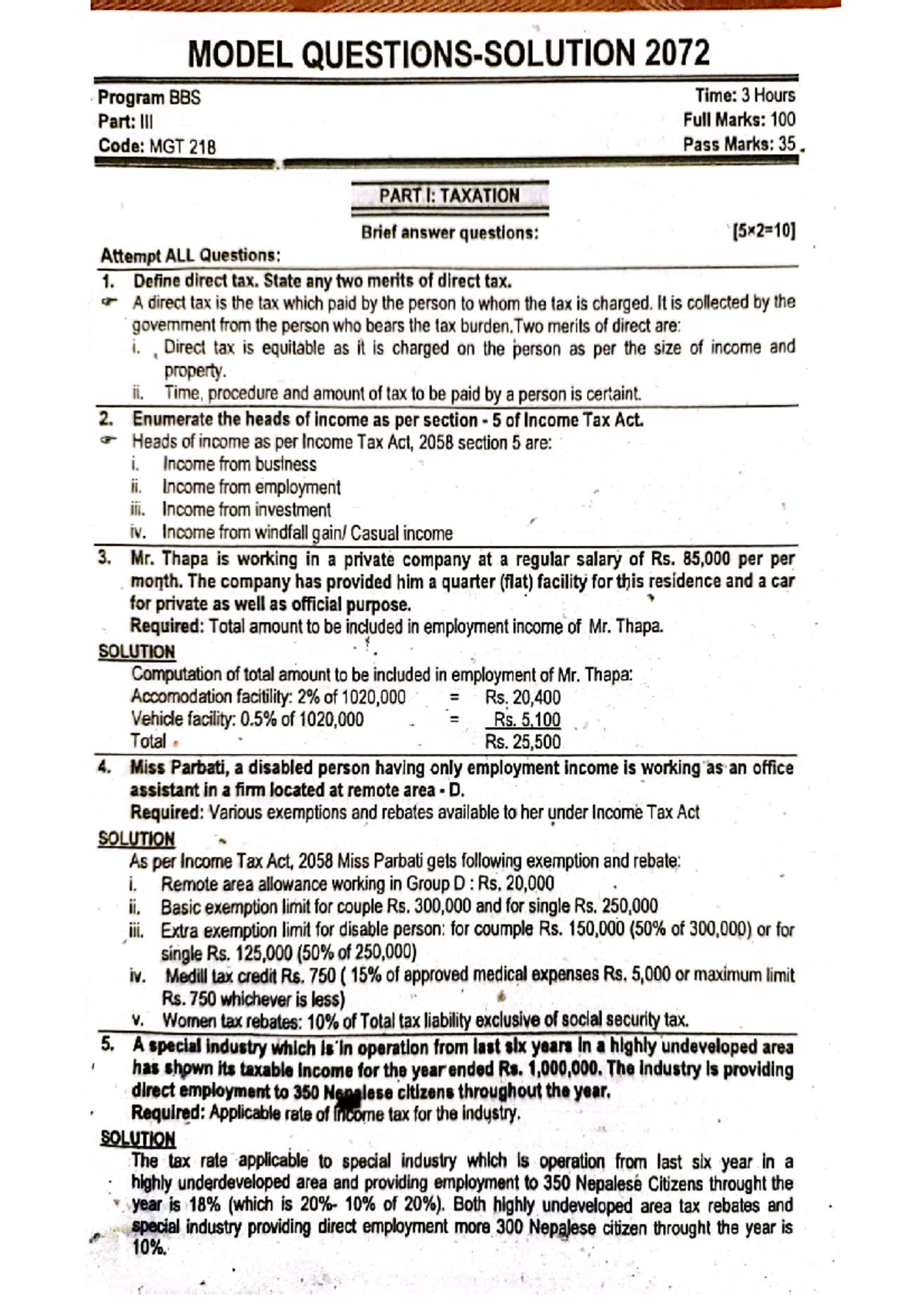 2072 Model Question Paper for MGT 218: Taxation Exam Preparation - Studocu