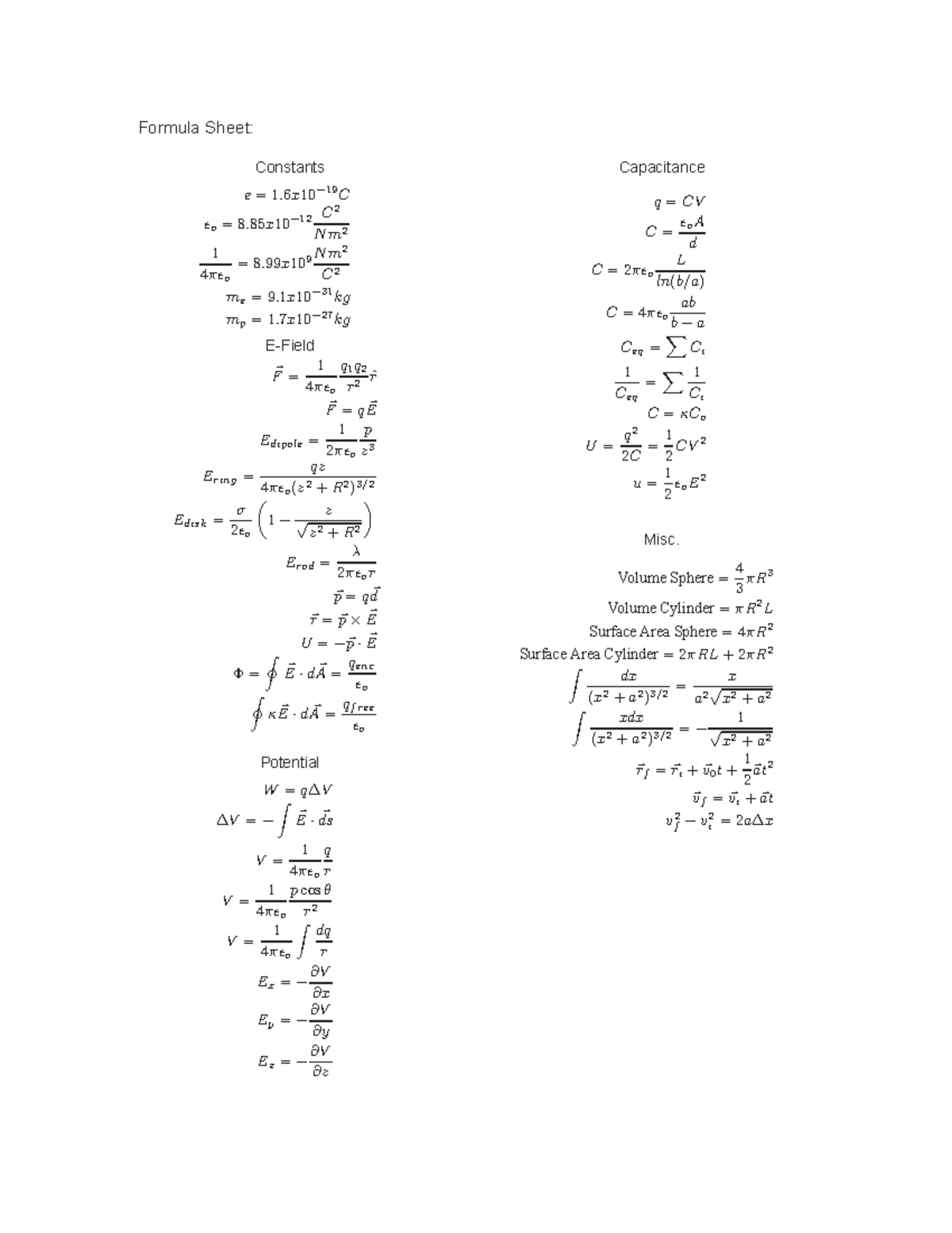 Physics Formula Sheet for Exam 1 (PHYS101) - Studocu