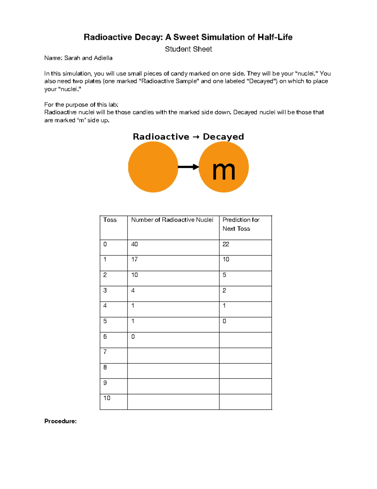 Radioactive Decay Lab Simulation: Half-Life Experiment Sheet - Student ...
