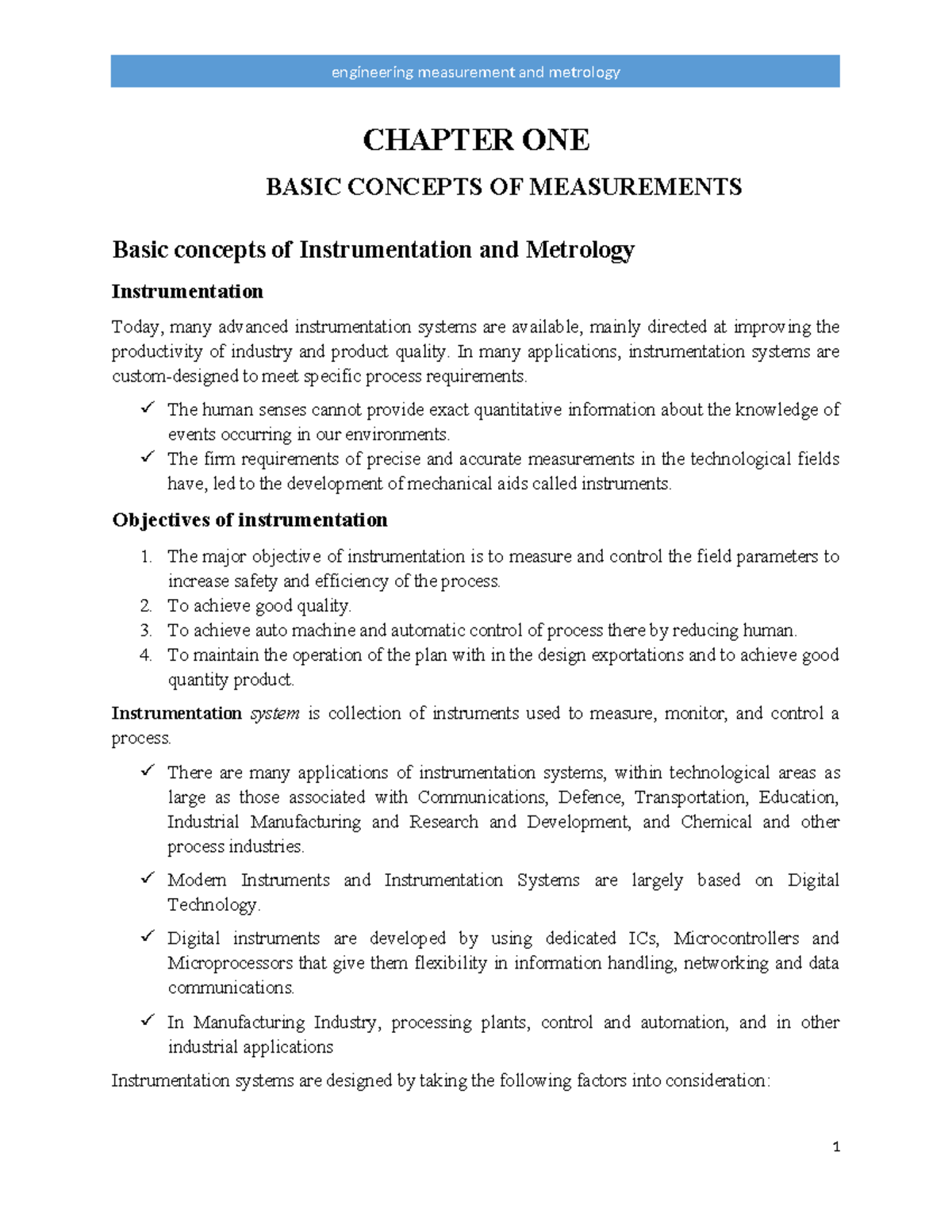 Chapter-1 - Mechanical engineering course - CHAPTER ONE BASIC CONCEPTS OF MEASUREMENTS Basic ...