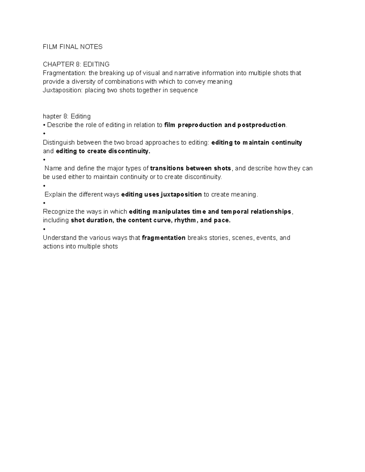 Film 101: Final Notes on Editing, Sound, and Cinematic Styles Analysis ...