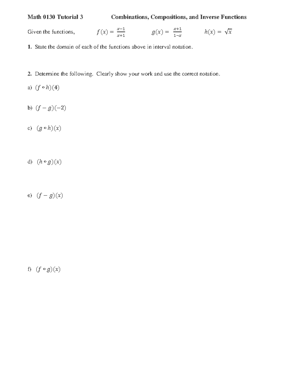 MATH 0130 Tutorial 3: Combinations, Compositions & Inverses - Studocu