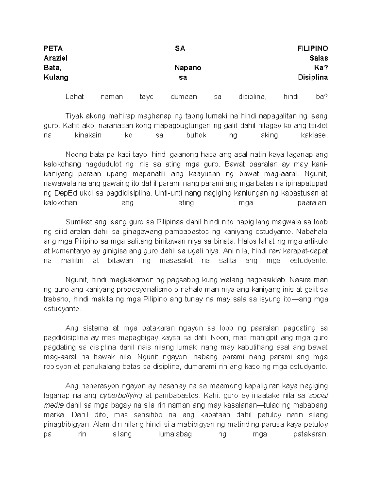 Kulang Sa Disiplina - Great and Beloved - PETA SA FILIPINO Araziel ...