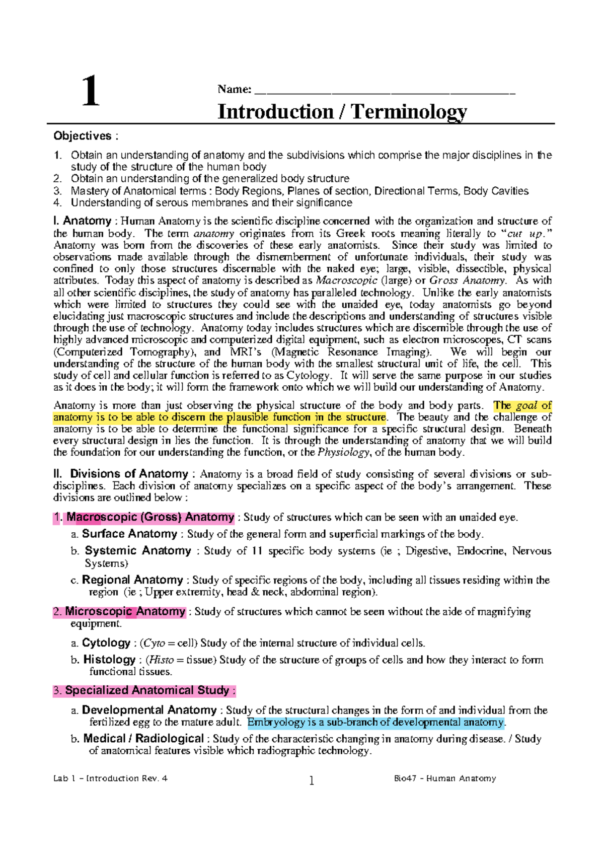 Bio47 Human Anatomy: Introduction to Anatomical Terminology and ...