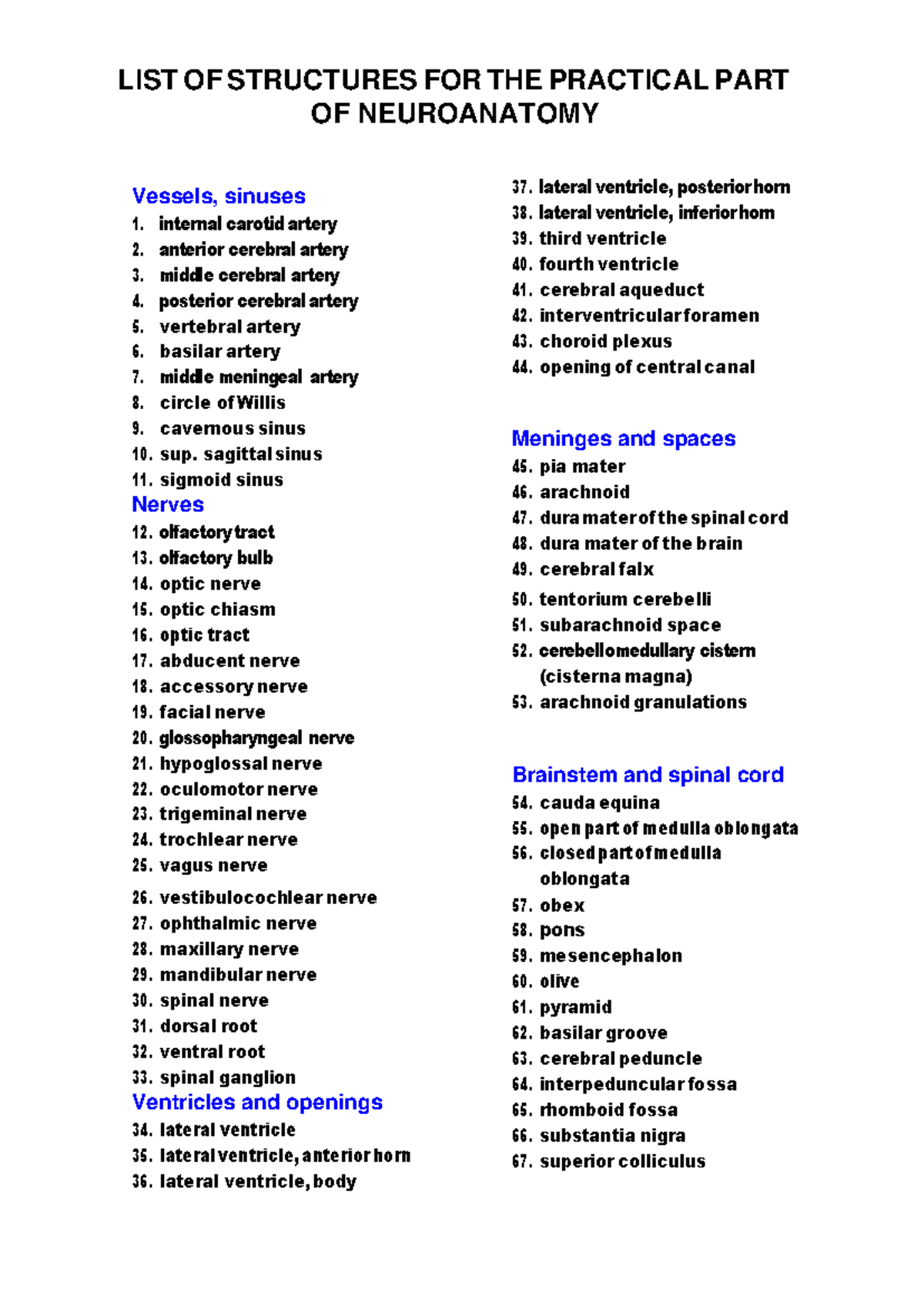 Neuroanatomy Practical Structures List for EN Course - Studocu
