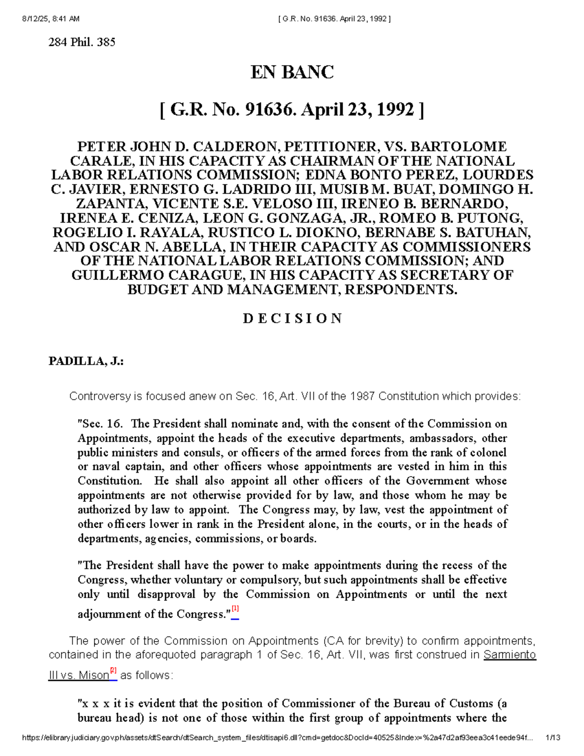 G.R. No. 91636: Calderon vs. Carale - Constitutional Appointments ...