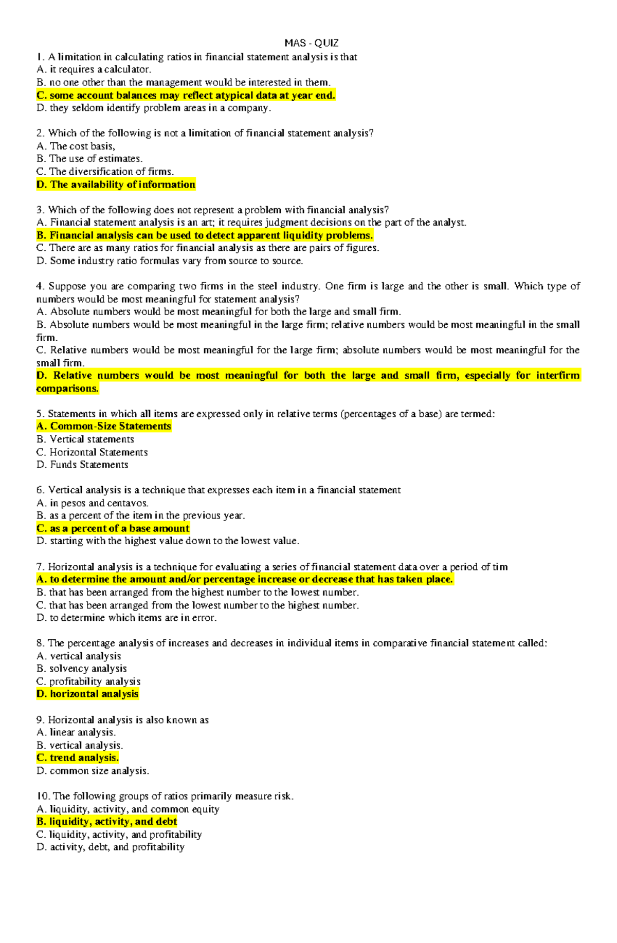 MAS - Bsais (w ANS) - Financial Statement Analysis Notes - Studocu