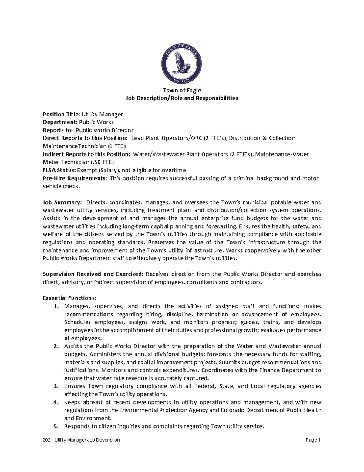 Description-Utility Manager - Town of Eagle Job Description/Role and ...