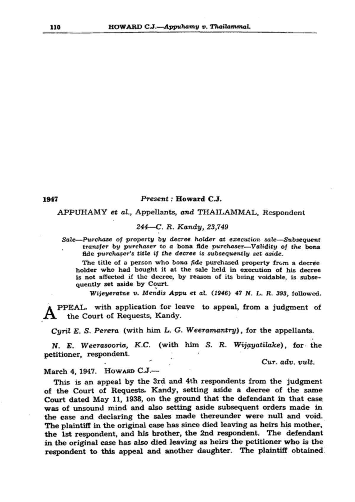 HOWARD v. Thailammal: Appeal on Property Decree (1947) - Studocu