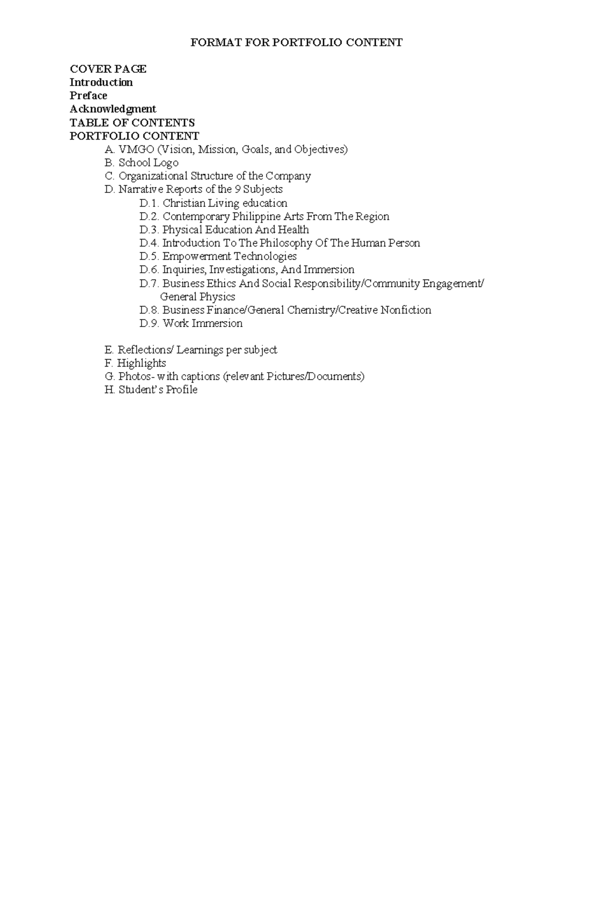 1 - Table of Contents for Work Immersion Portfolio - FORMAT FOR ...
