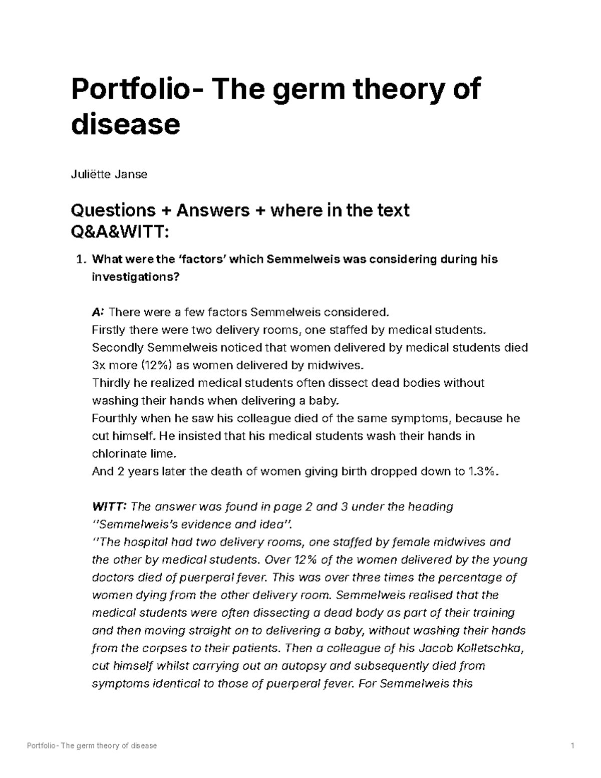 Portfolio - The Germ Theory of Disease: Questions & Answers - Studeersnel