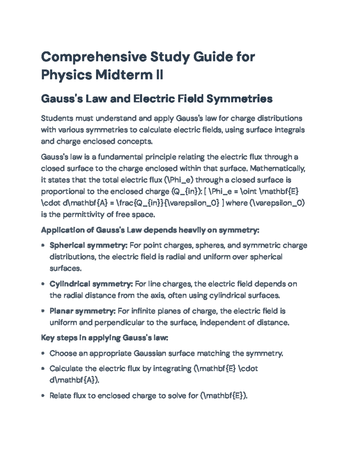 Comprehensive Study Guide for Physics Midterm II: Electric Fields & Laws - Studocu