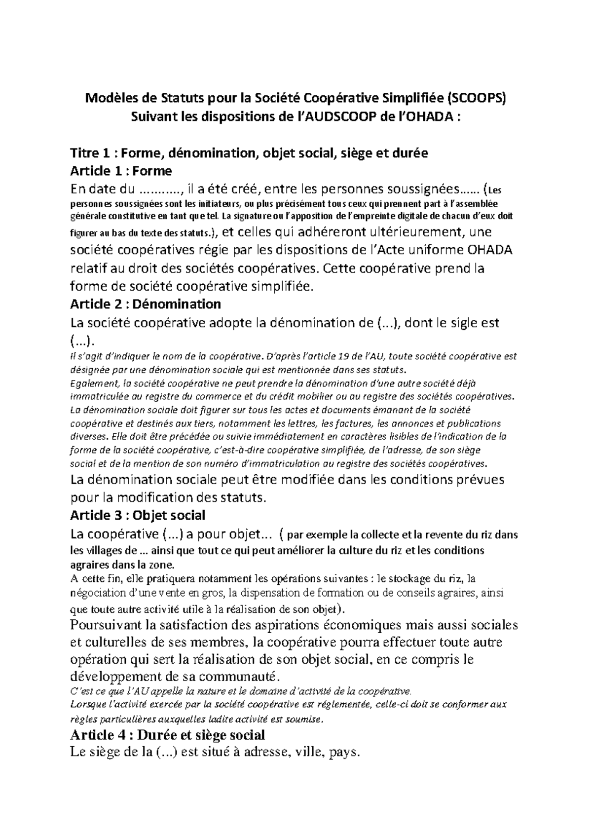 Modele de statuts scoops - Modèles de Statuts pour la Société ...