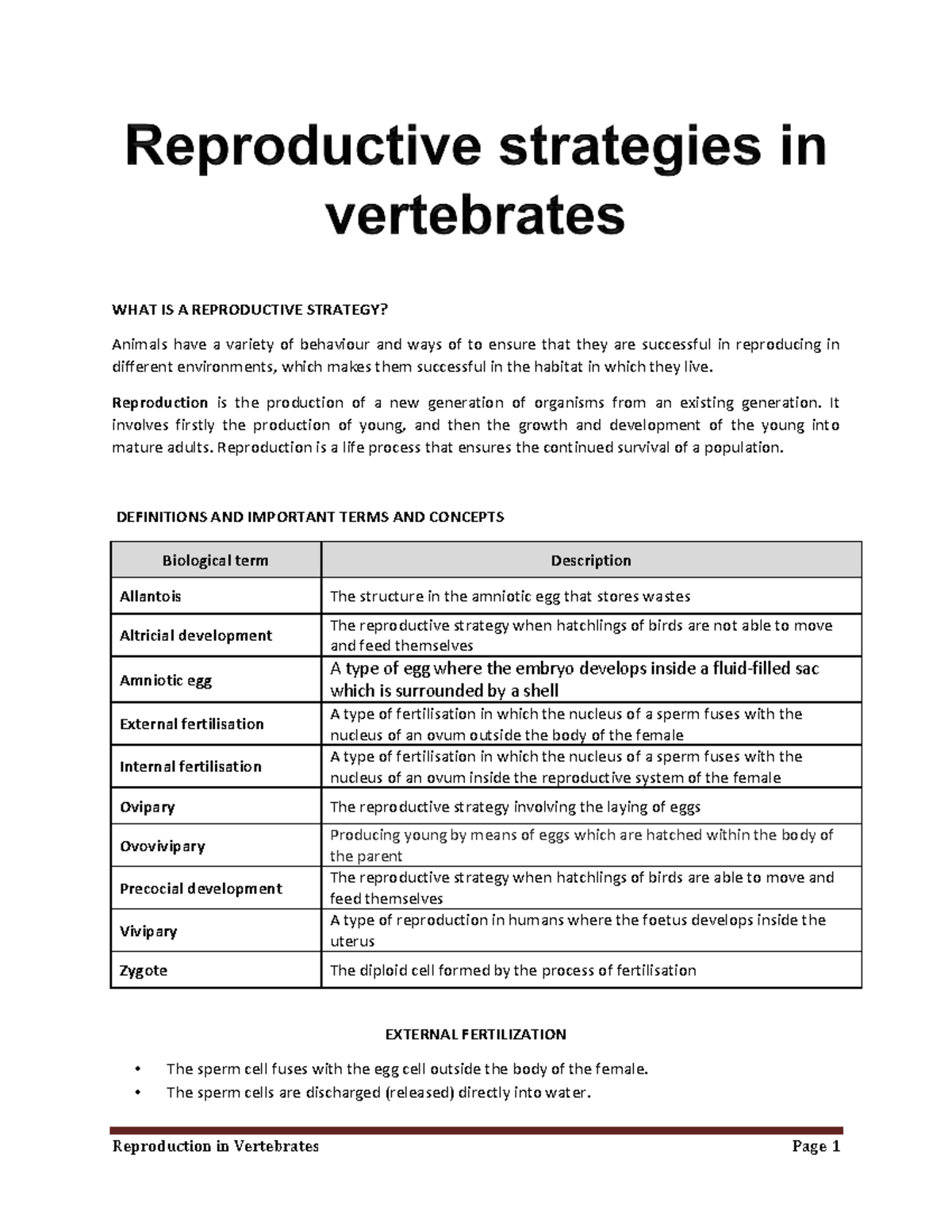 Reproductive Strategies in Vertebrates - Study Notes (BIO101) - Studocu