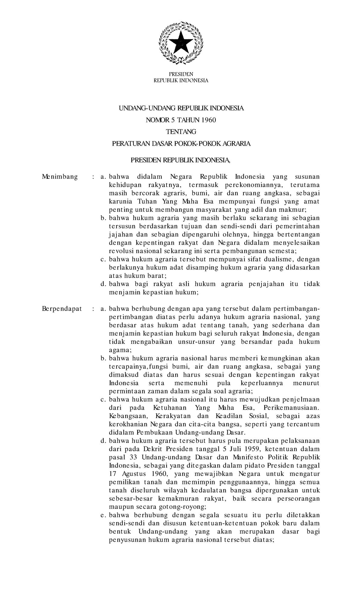 UU No. 5 Tahun 1960: Pokok-Pokok Hukum Agraria Indonesia - Studocu