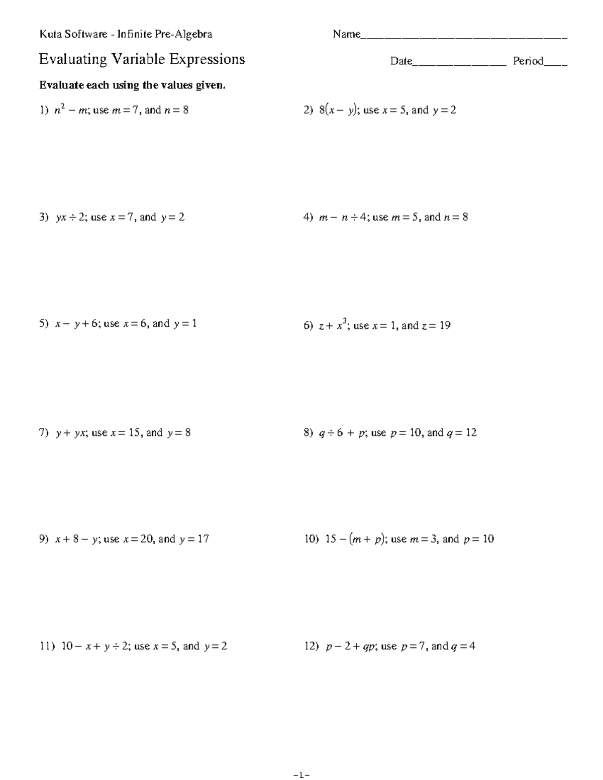 Kuta Software MATH 101: Evaluating Variable Expressions Worksheet - Studocu