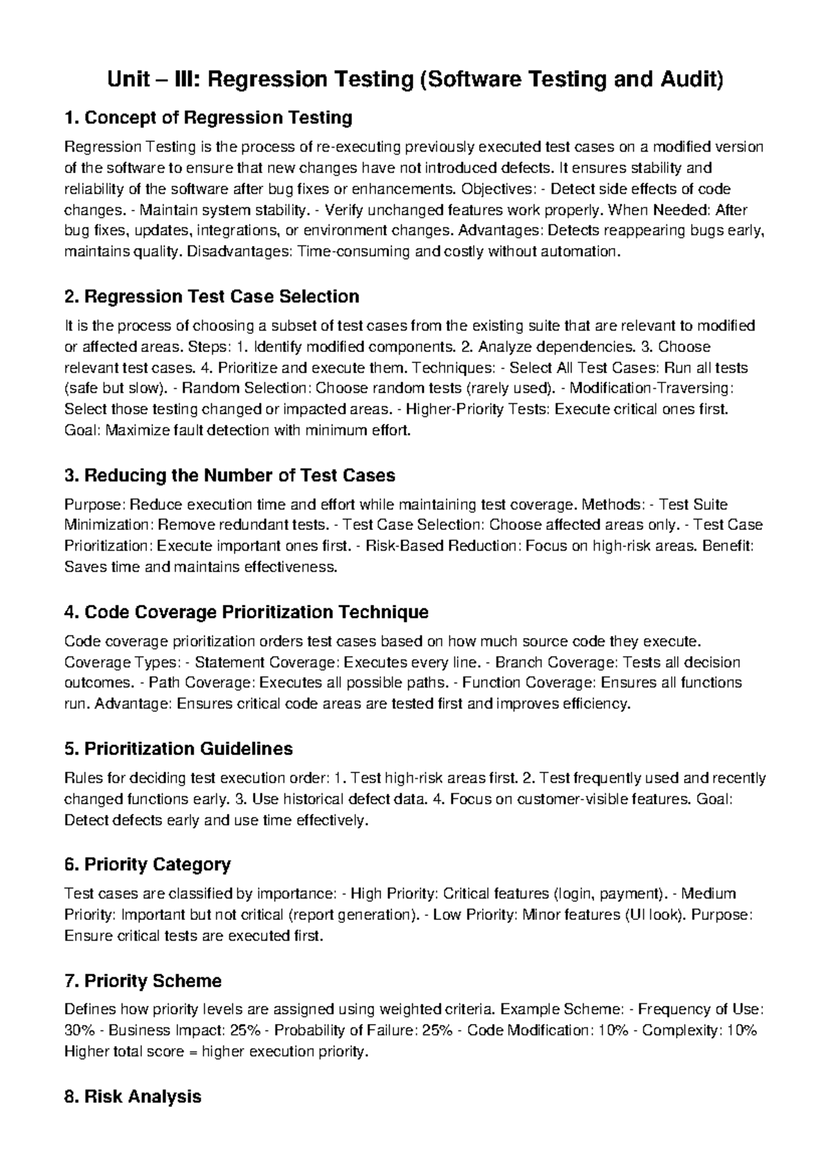 Unit III Notes: Regression Testing Concepts and Techniques (STA 101 ...