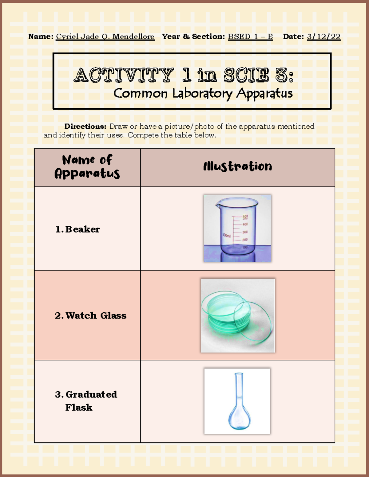 Activity 1 in SCIE 3 - Common Laboratory Apparatus with their ...