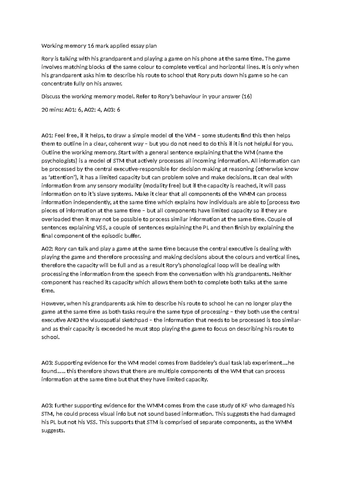 Working Memory Model: 16 Mark Essay Plan (Psychology) - Studocu