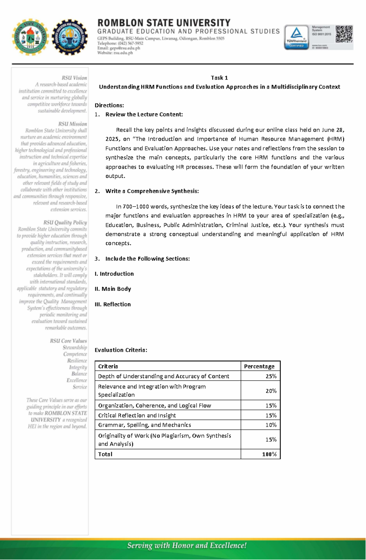 HRM 101 Task 1: Synthesis of HRM Functions & Evaluation Approaches ...