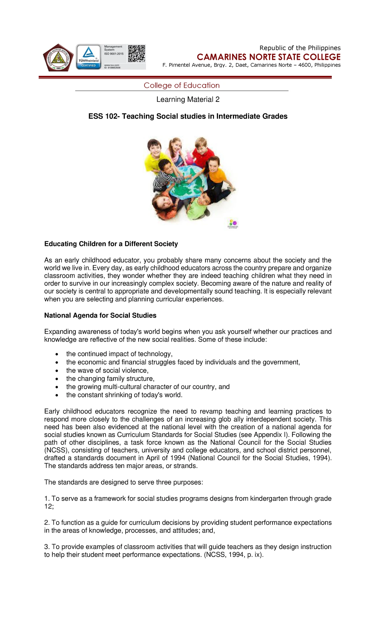ESS 102 Learning Material 1: Teaching Social Studies in Early Childhood ...