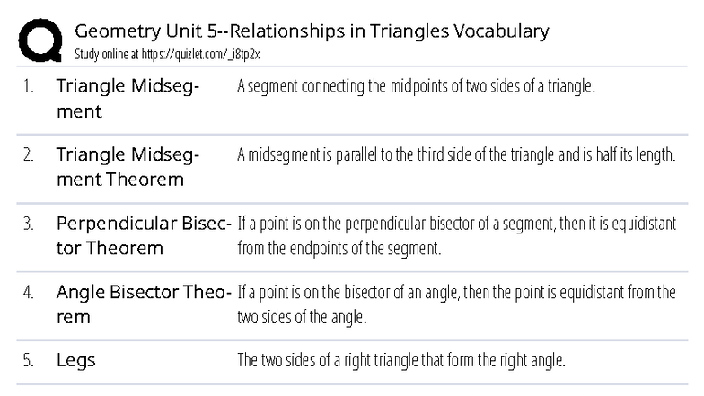 Geometry Unit 5: Relationships in Triangles Vocabulary Study - Studocu