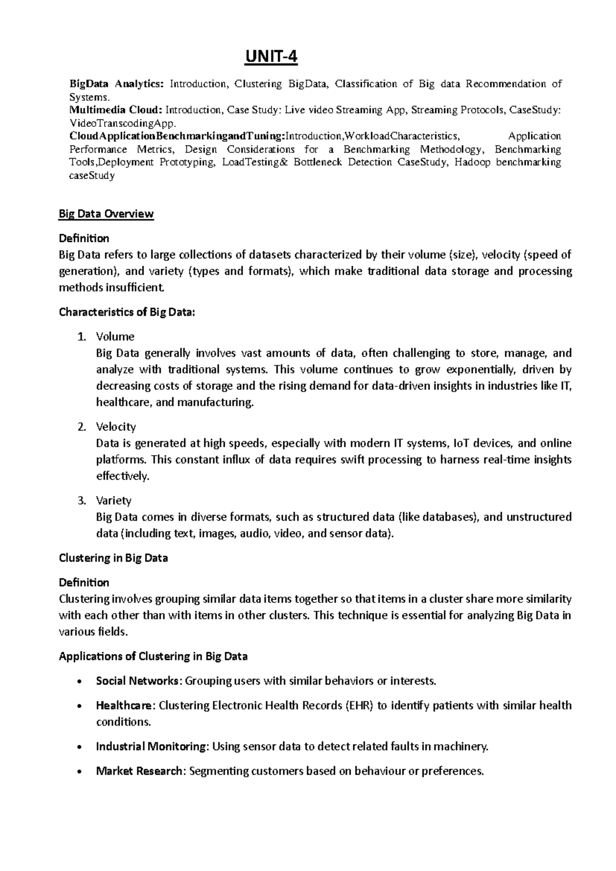 CC UNIT-4: Big Data Analytics, Clustering, and Multimedia Cloud Case Studies - Studocu