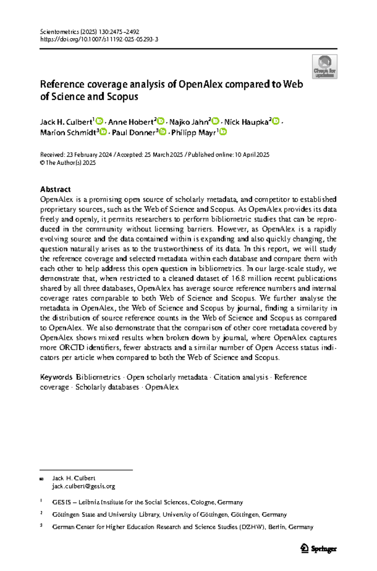 Reference Coverage Analysis of OpenAlex vs. WoS & Scopus (S11192) - Studocu