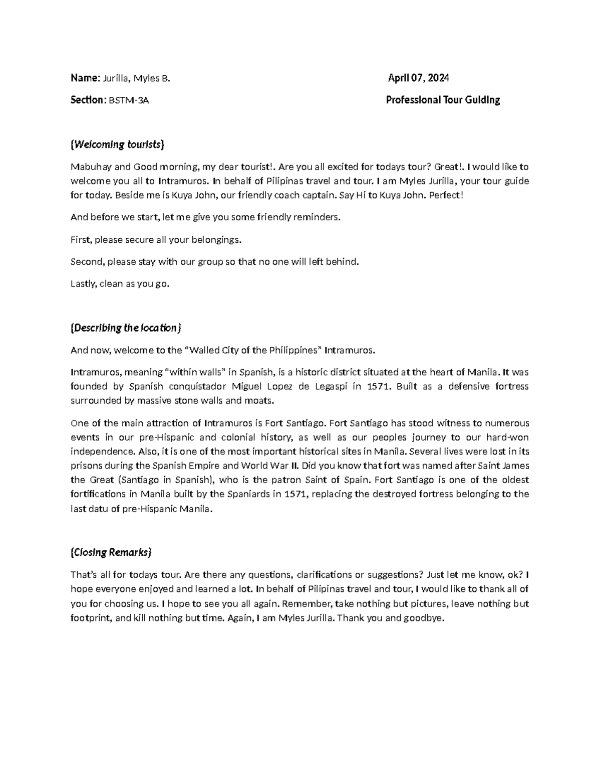 BSTM-3A Tour Guiding: Exploring Intramuros with Myles Jurilla - Studocu