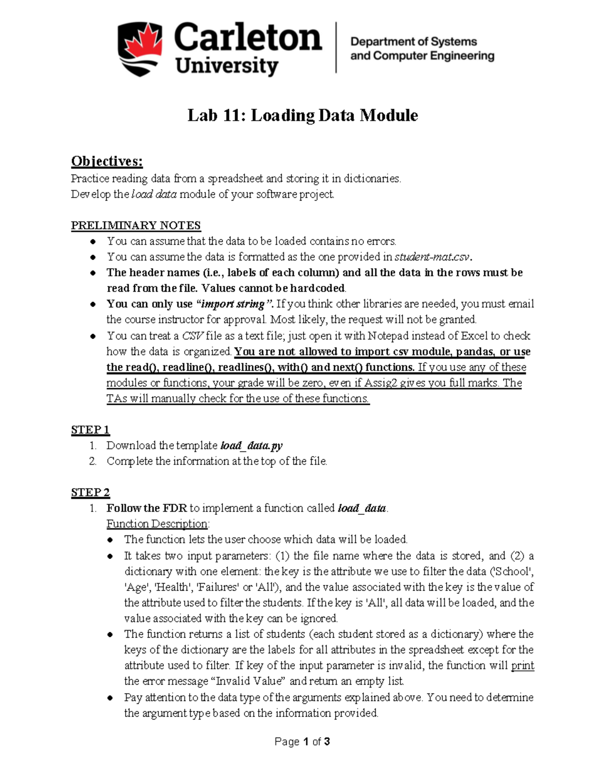Lab 11: Loading Data - Implementing the Load Data Module - Studocu