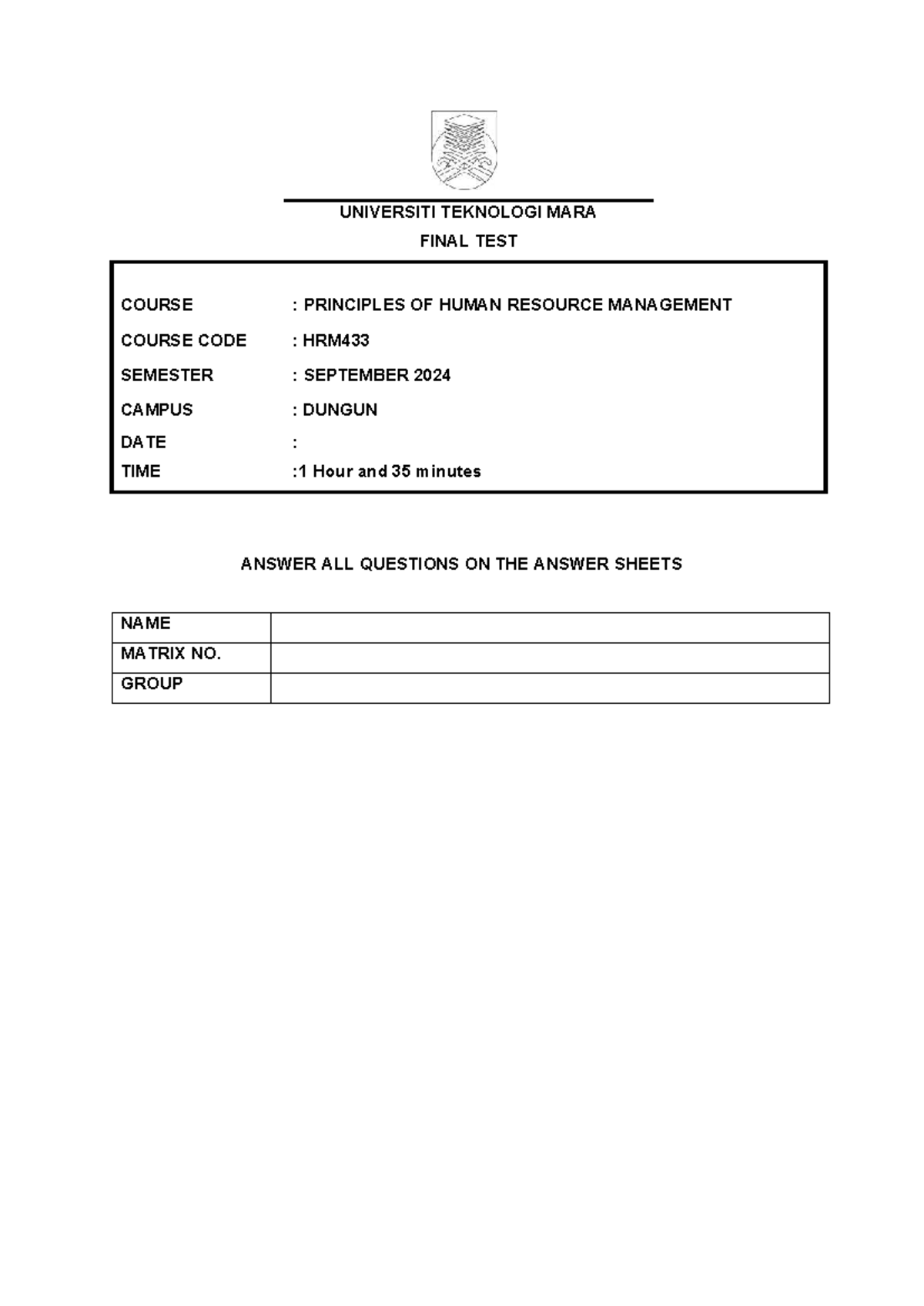 HRM433 Final Test Questions: Principles of Human Resource Management ...