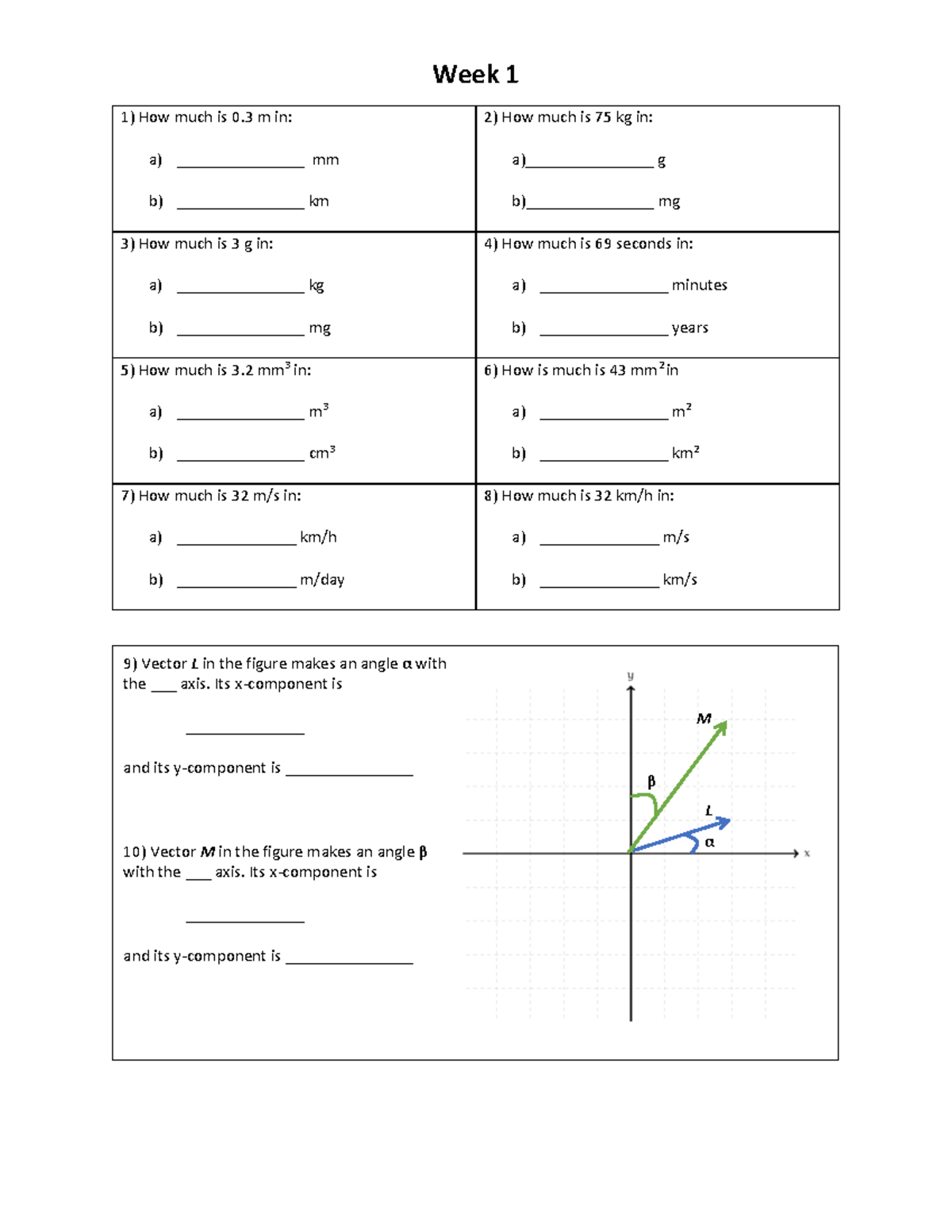 Mathematics Conversion & Vector Component Exercises - Week 1 - Studocu
