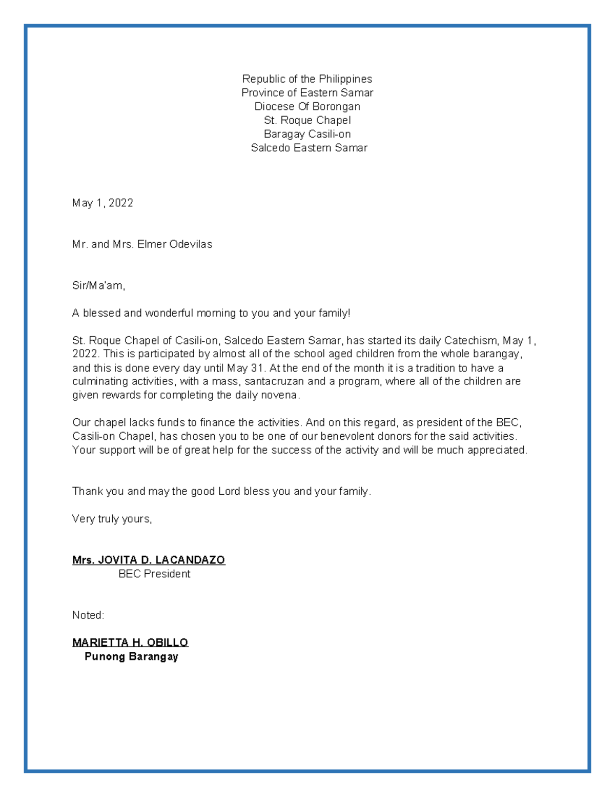 Example Solicitation Letter for Community Funding Support - Studocu