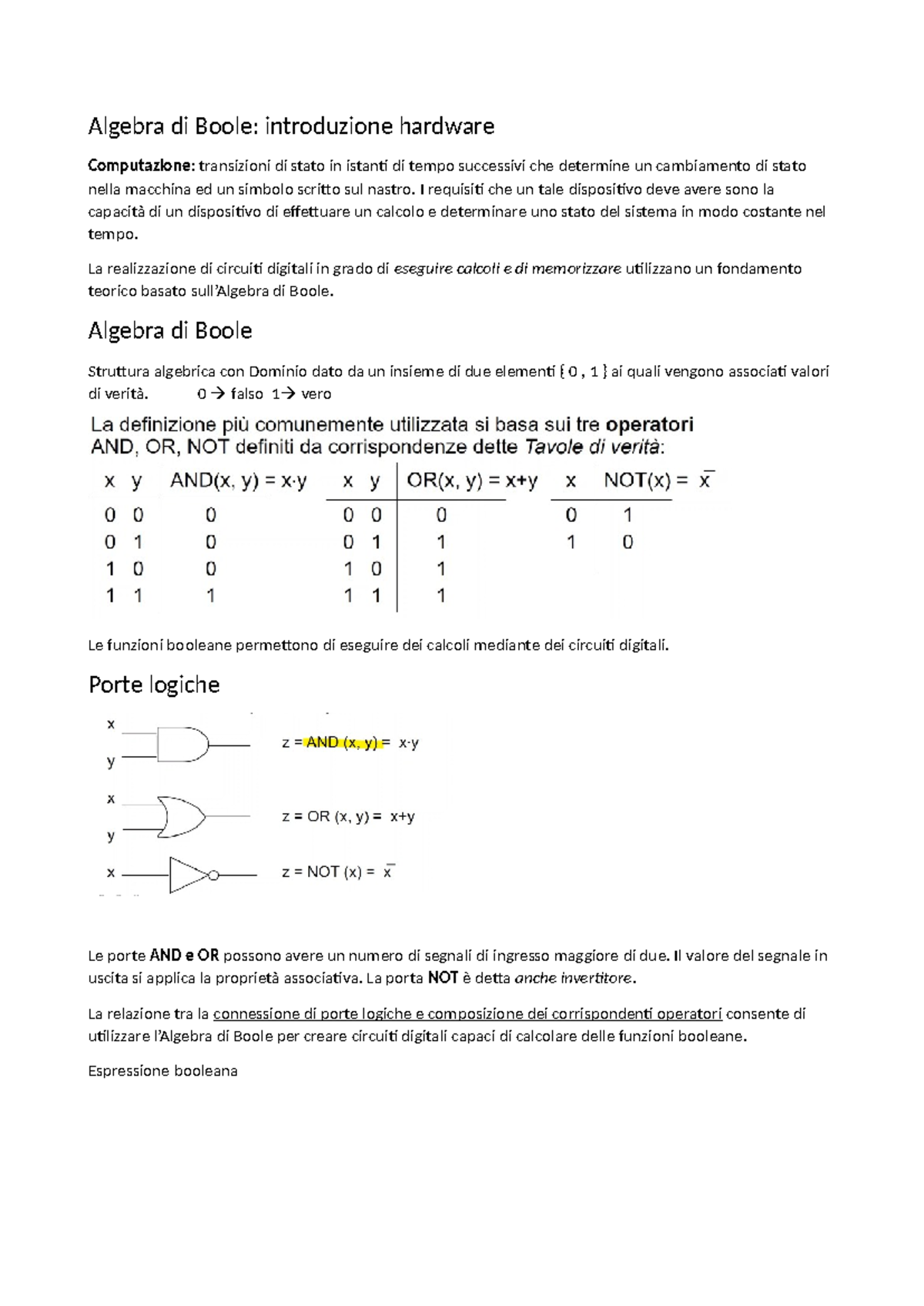 Algebra di Boole e Porte Logiche: Fondamenti e Applicazioni - Studocu