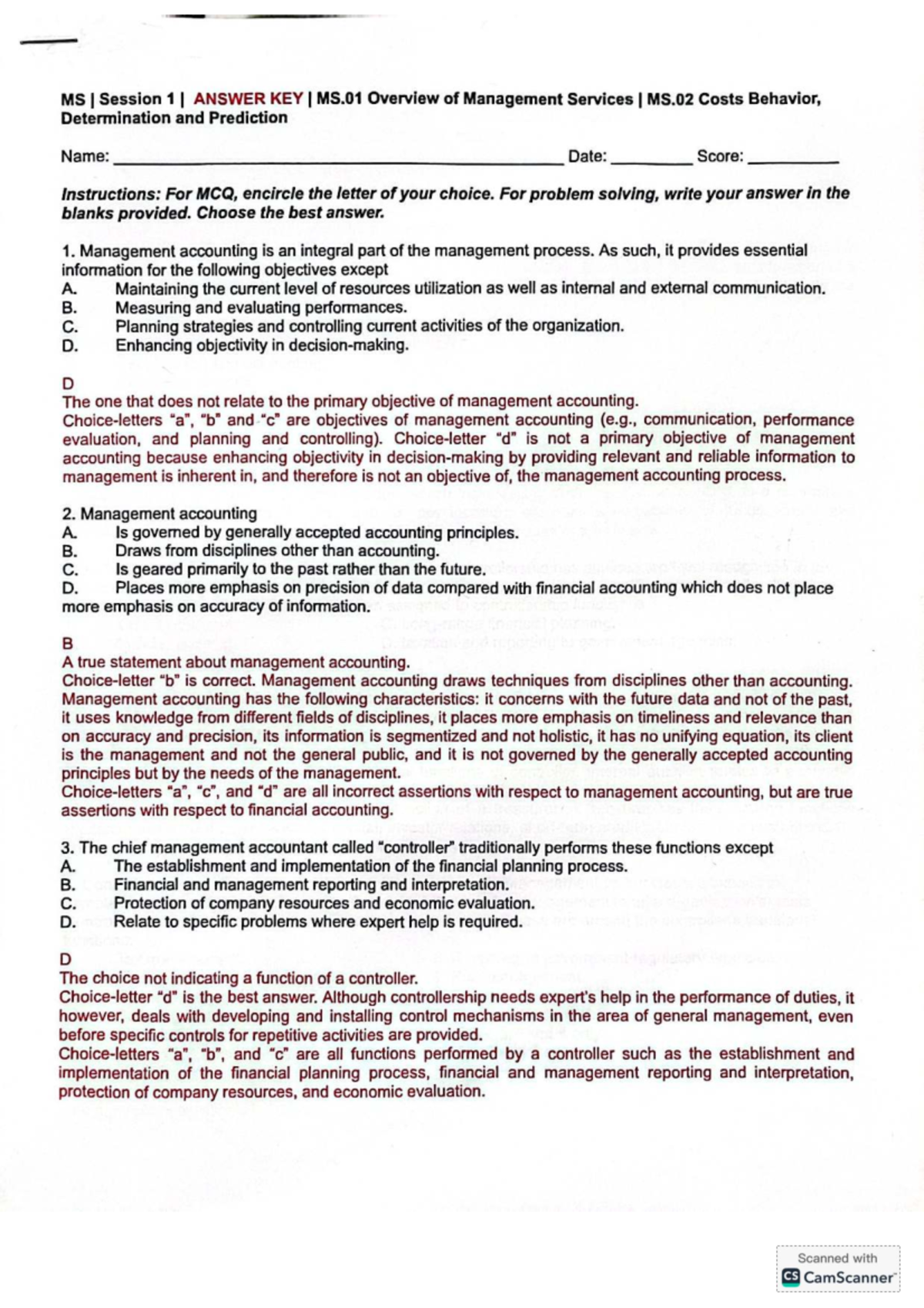 MS I Session 1 I ANSWER KEY I Management Services Overview and Cost ...